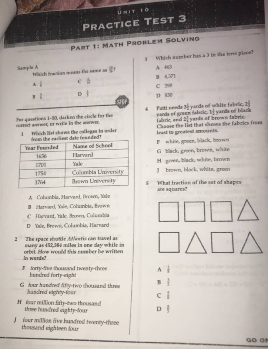 PART 1 MATH PROBLEM SOLVING 3 Which Number Has A 3 In The Tens Place Sa 