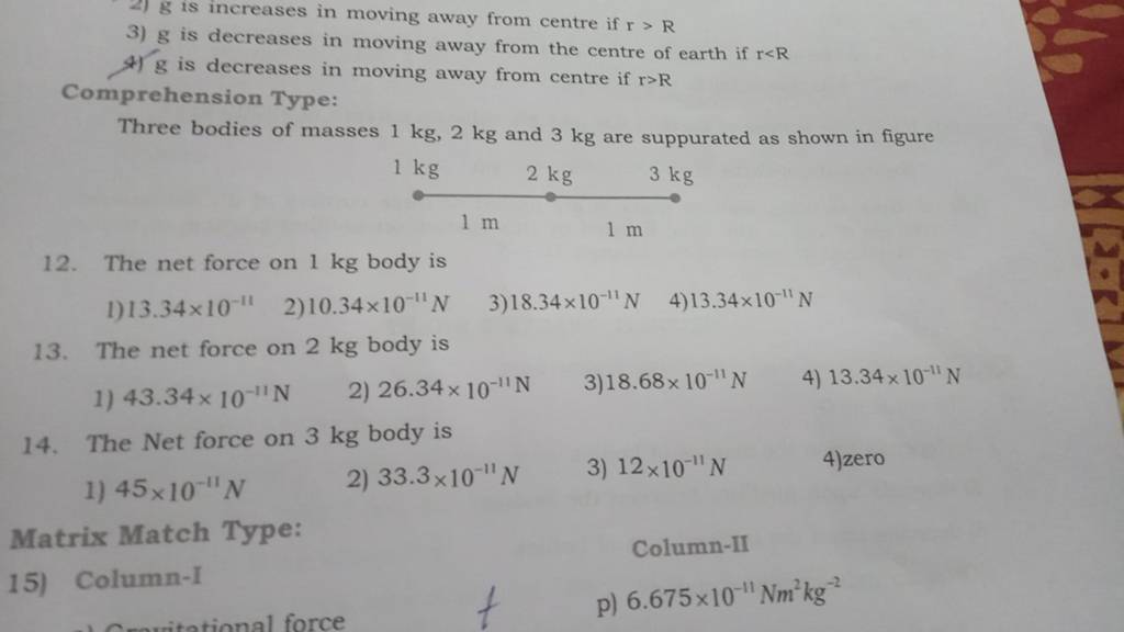 Three bodies of masses 1 kg,2 kg and 3 kg are suppurated as shown in figu..