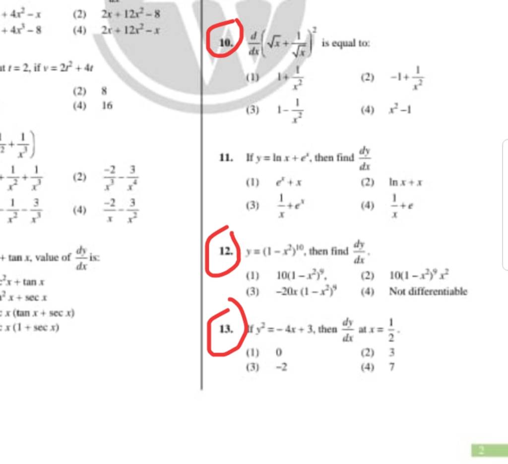 x2x+secx x(tanx+secx) x(1+secx) 13. f y2=−4x+3, then dxdy at x=21 ...