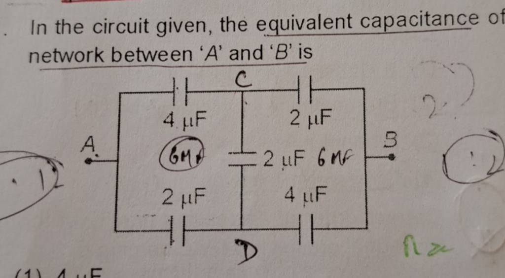 In the circuit given, the equivalent capacitance of network between ' A In the circuit given, the equivalent capacitance of network between ' A