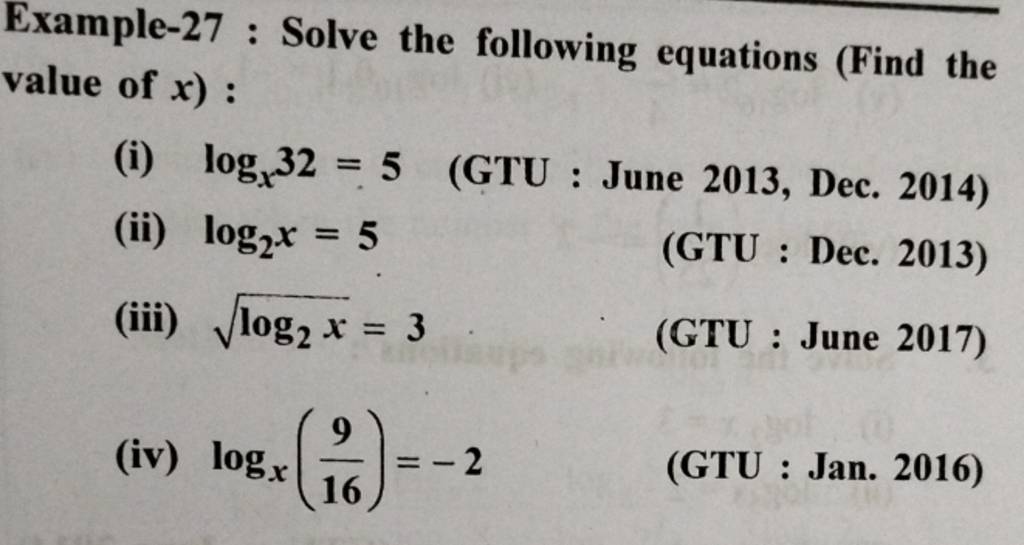 Example-27 : Solve the following equations (Find the value of x ) (i) log..