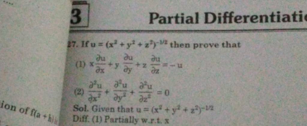 3 Partial Differentiati 27. If u=(x2+y2+z2)−1/2 then prove that (1) x∂x∂u..