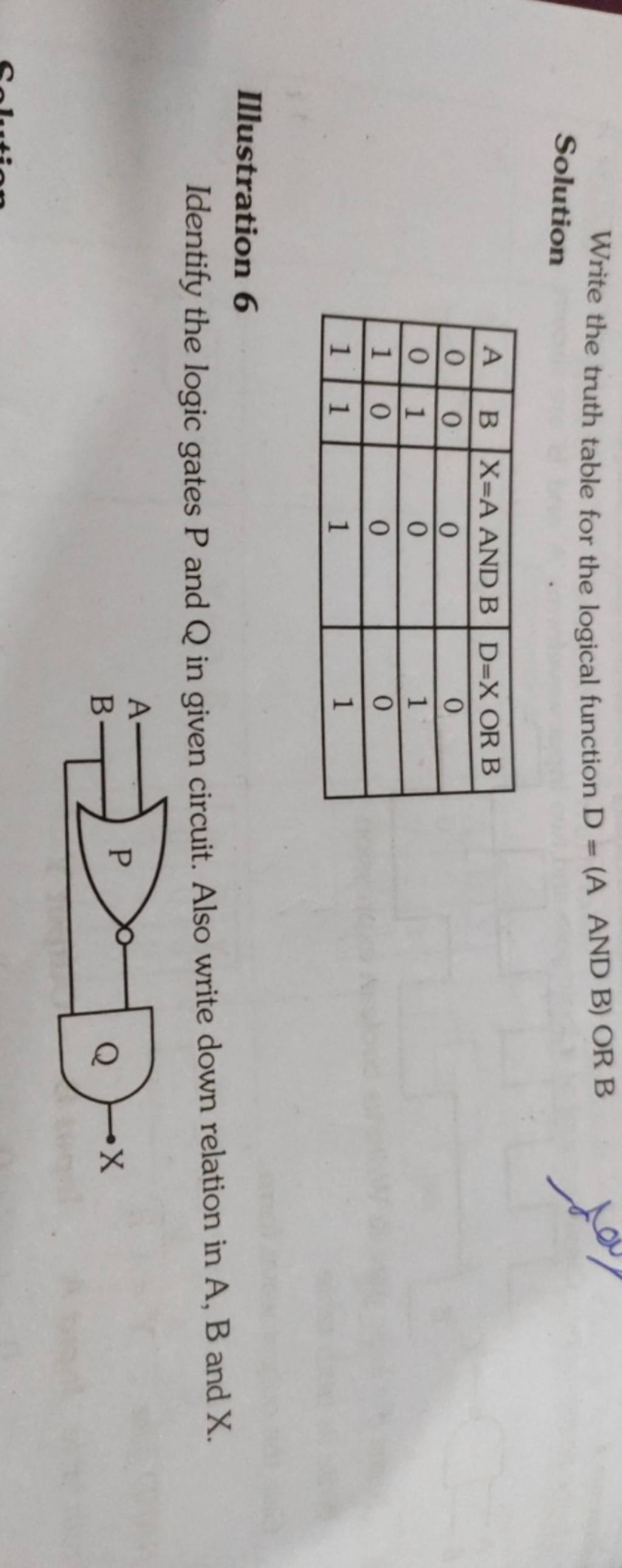Write the truth table for the logical function D=(A AND B) OR B Solution