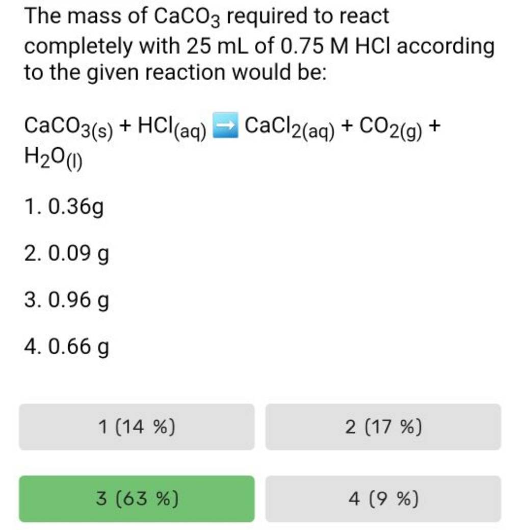 The mass of CaCO3 required to react completely with 25 mL of 0.75MHCl ac..