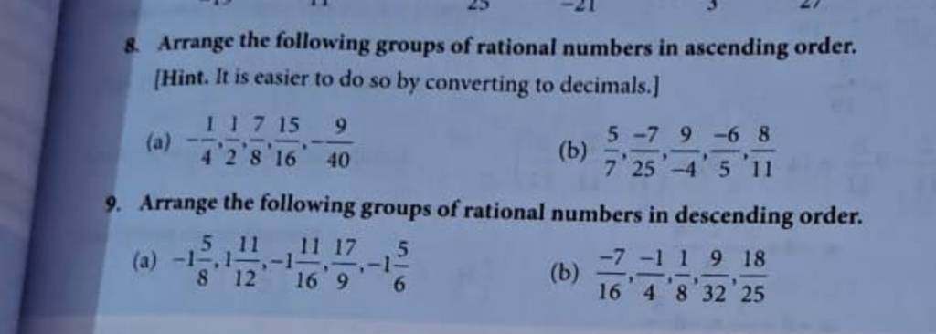 8. Arrange the following groups of rational numbers in ascending order.