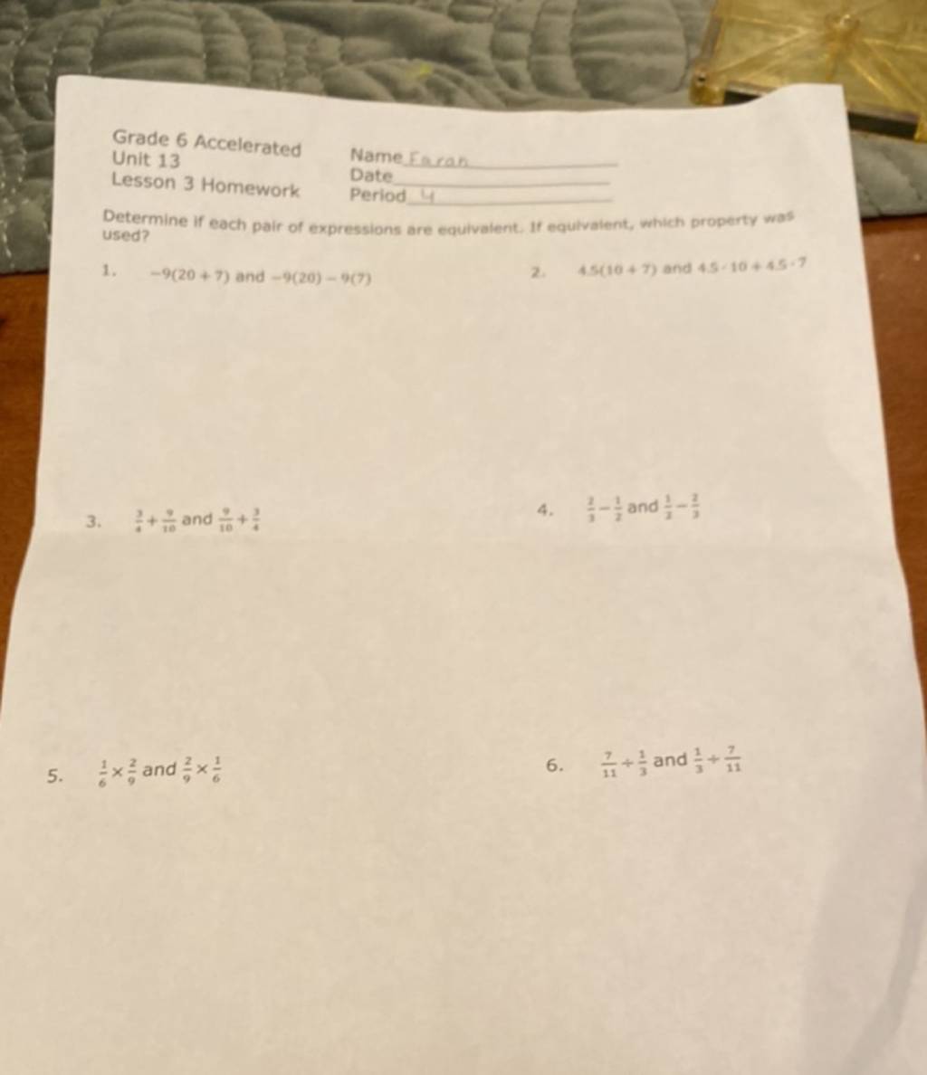 Grade 6 Accelerated Name Earan Unit 13 Lesson 3 Homework Date Period Dete..