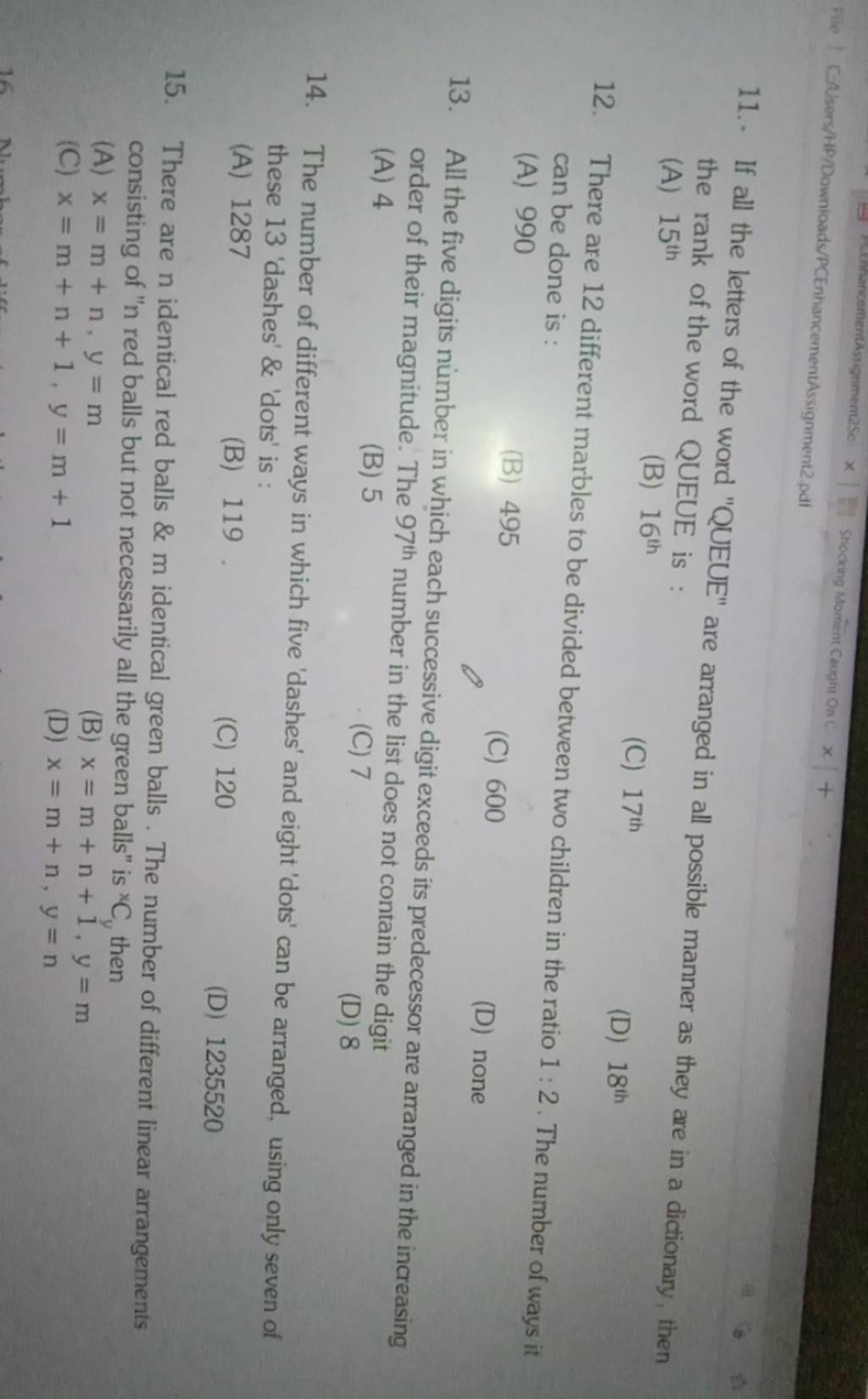 The number of different ways in which five 'dashes' and eight 'dots' can