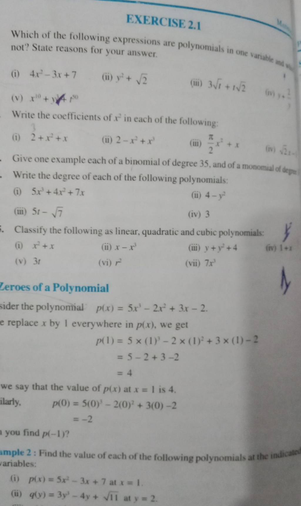 Give one example each of a binomial of degree 35 , and of a monomial of d..