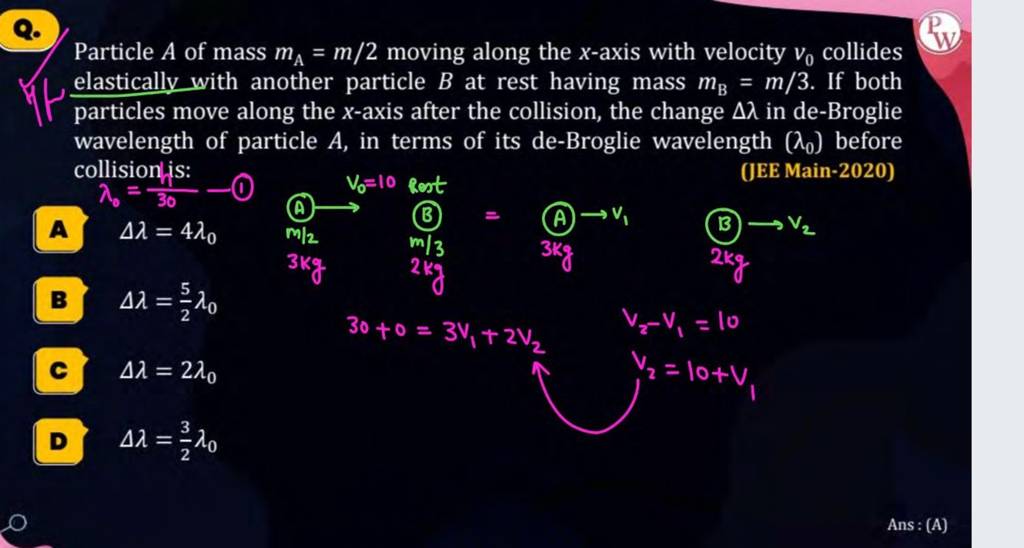 Particle A of mass mA =m/2 moving along the x-axis with velocity v0 coll..