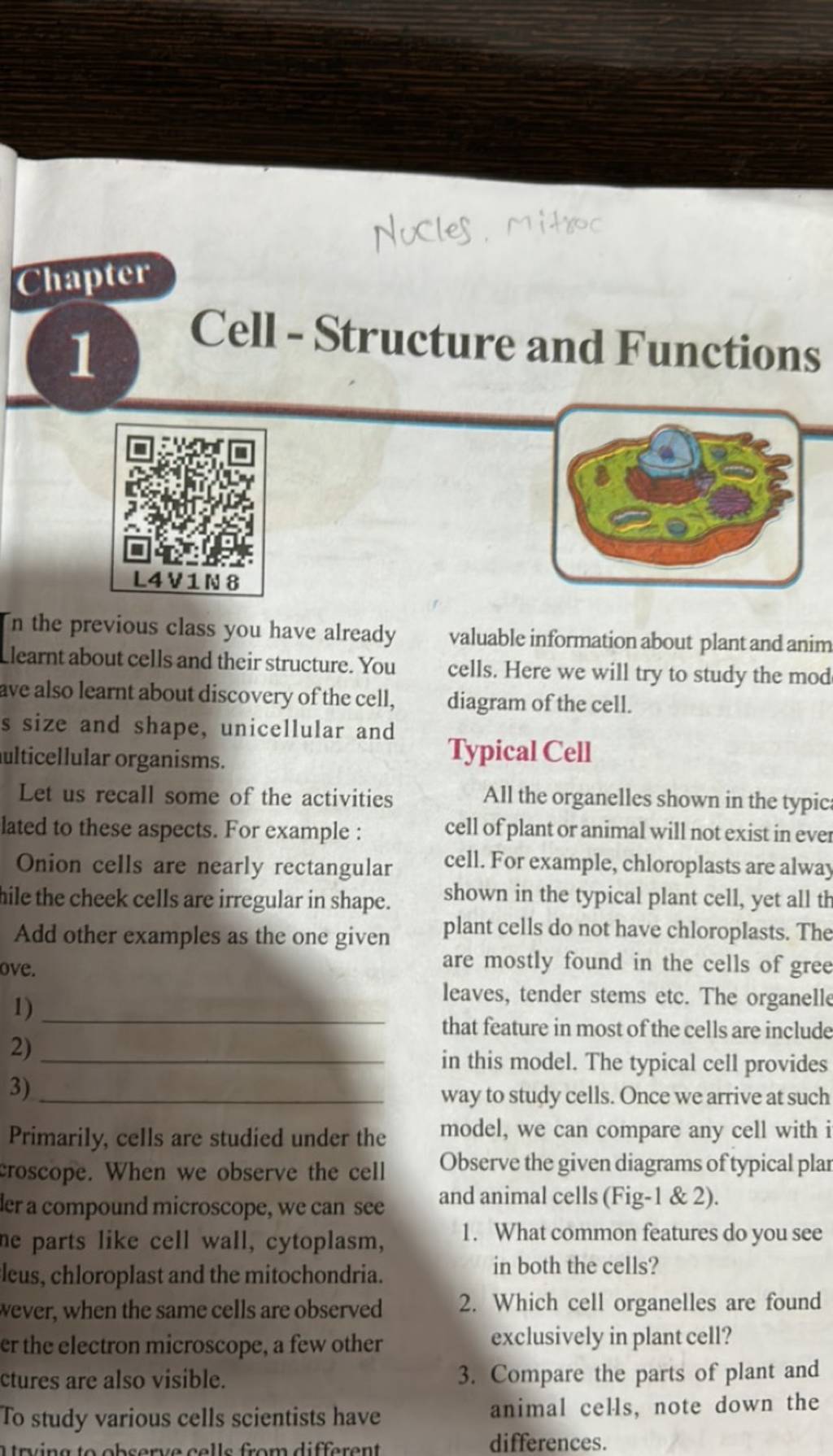 Nucles. Mitroc Chapter 1 Cell - Structure and Functions In the previous c..