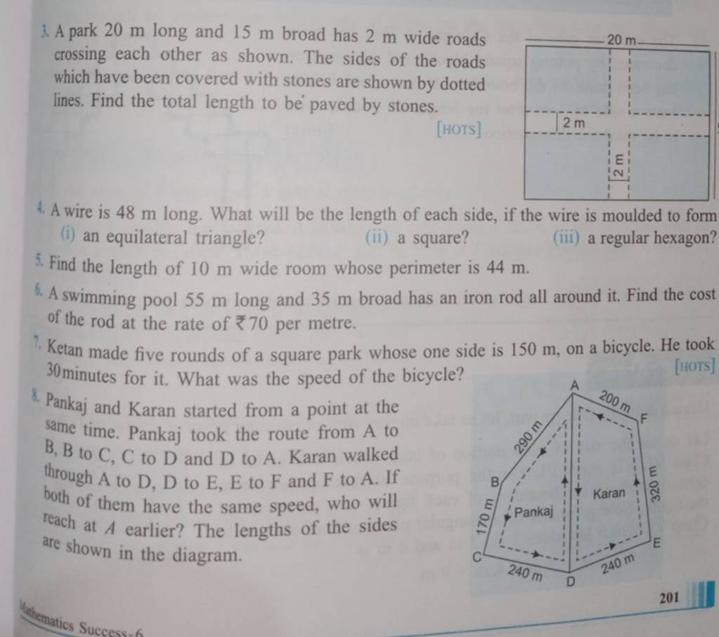 3. A park 20 m long and 15 m broad has 2 m wide roads crossing each other..