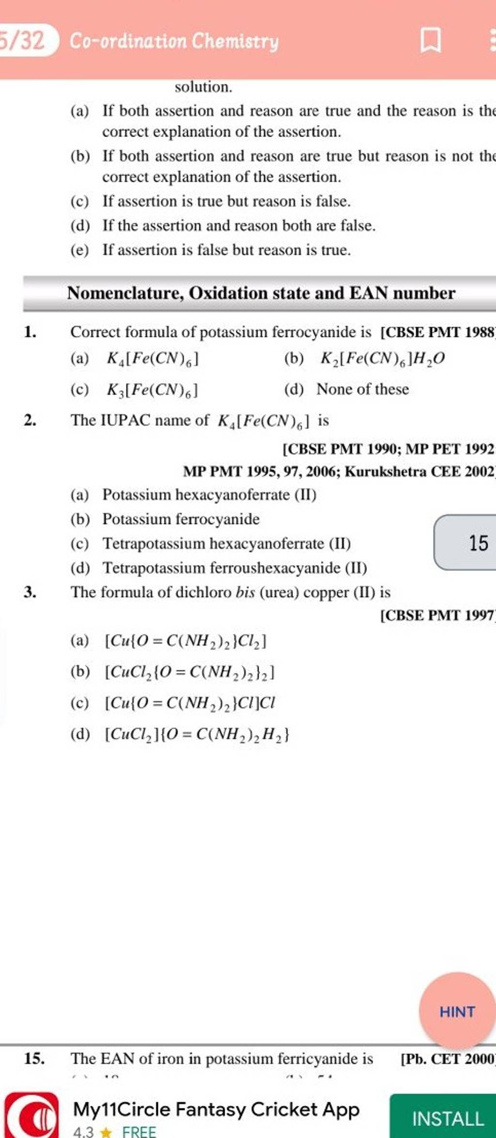 Nomenclature, Oxidation state and EAN number 1. Correct formula of potass..