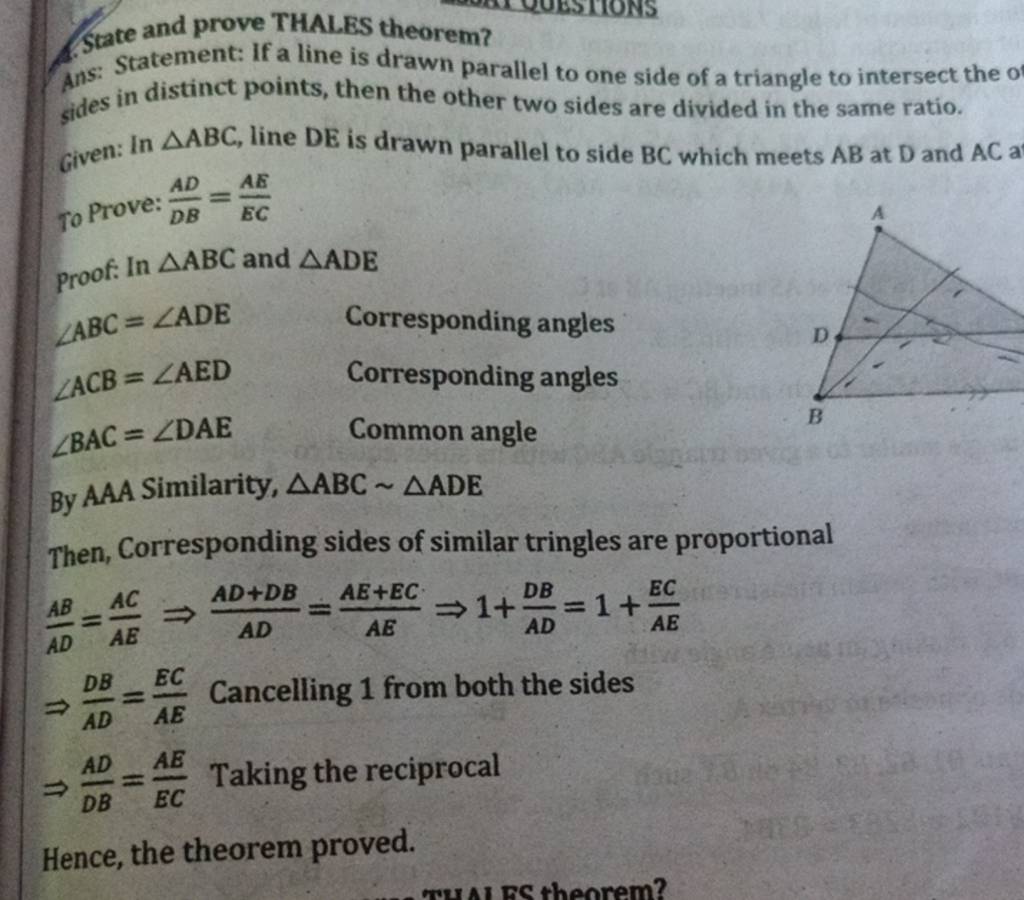 state and prove THALES theorem? Ans: Statement: If a line is drawn parall..