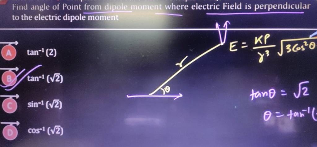 Find angle of Point from dipole moment where electric Field is perpendicu..