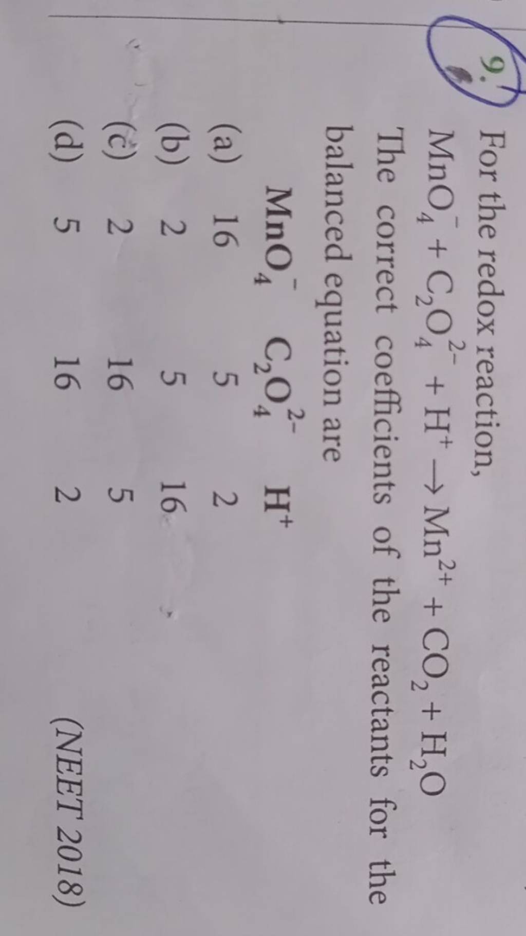 For the redox reaction, MnO4− +C2 O42− +H+→Mn2++CO2 +H2 O The correct co..