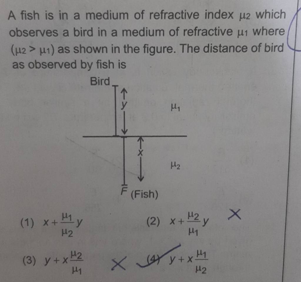 A fish is in a medium of refractive index μ2 which observes a bird in a