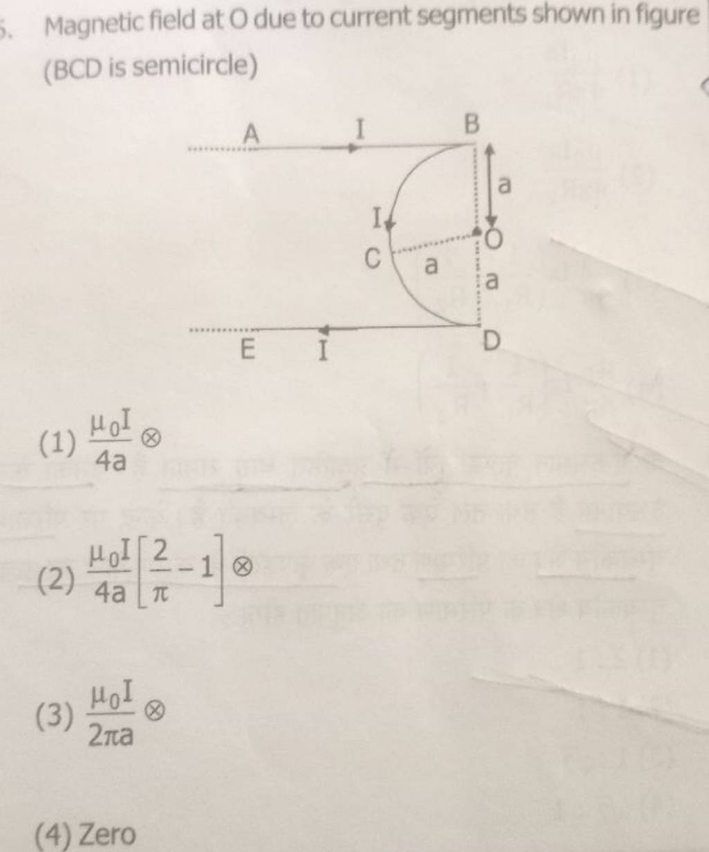Magnetic field at O due to current segments shown in figure ( BCD is semi..
