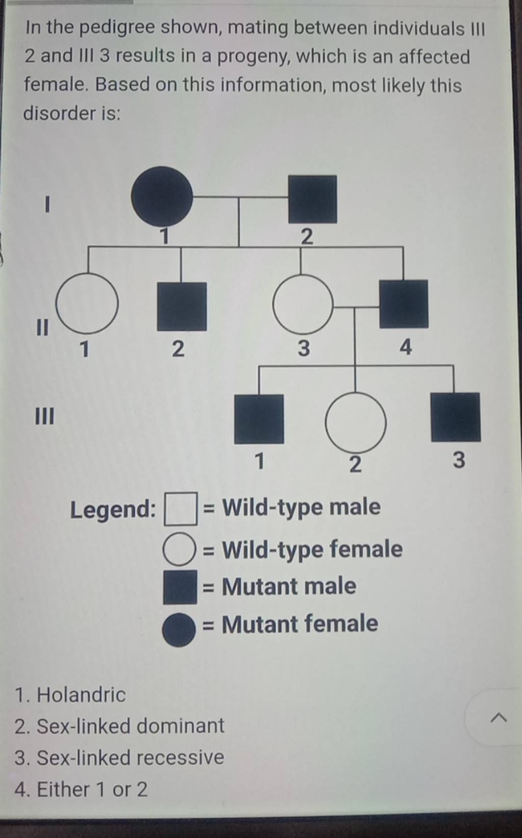 In the pedigree shown, mating between individuals III 2 and III 3 results..