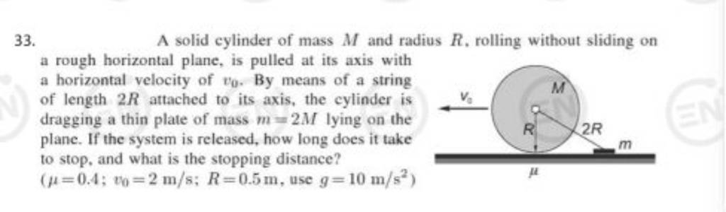 33. A solid cylinder of mass M and radius R, rolling without sliding on a..