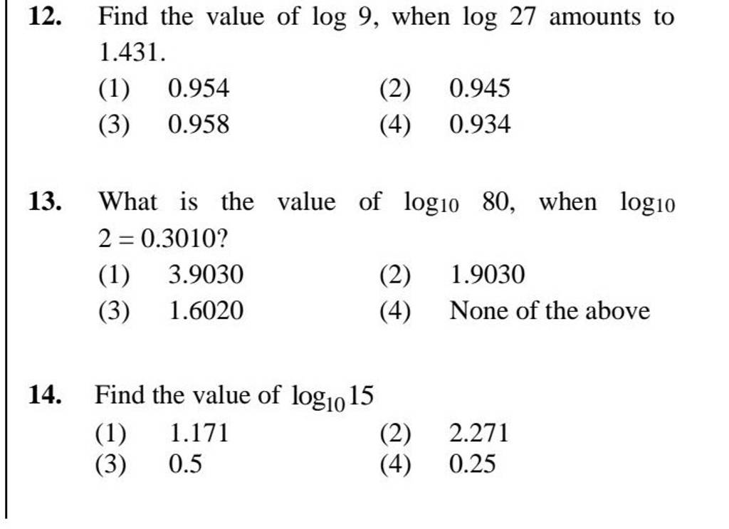 Find the value of log9, when log27 amounts to 1.431 . | Filo