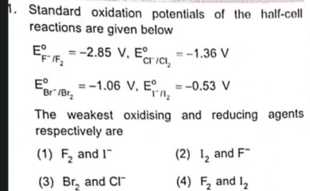 Standard oxidation potentials of the half-cell reactions are given below