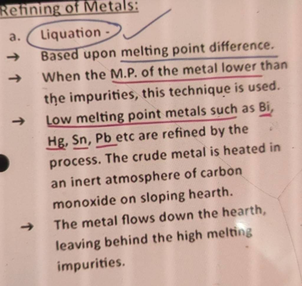 Refining of Metals: a. Liquation → Based upon melting point difference. →..