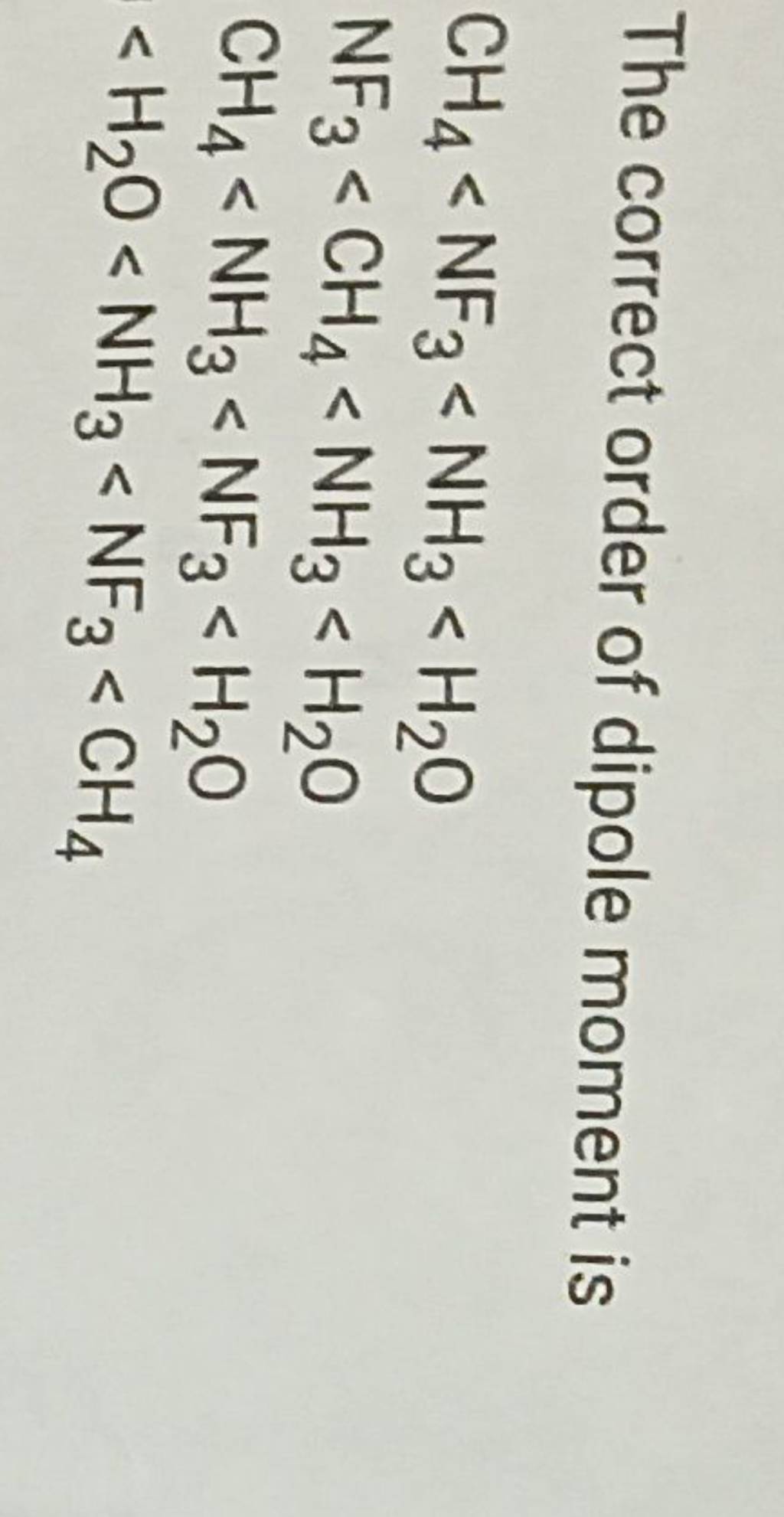 The correct order of dipole moment is CH4