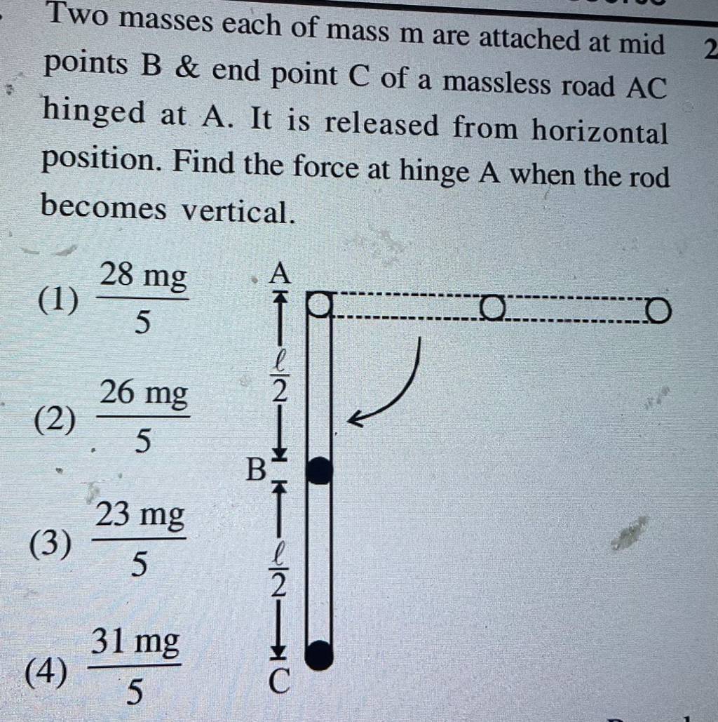Two masses each of mass m are attached at mid points B \& end point C of