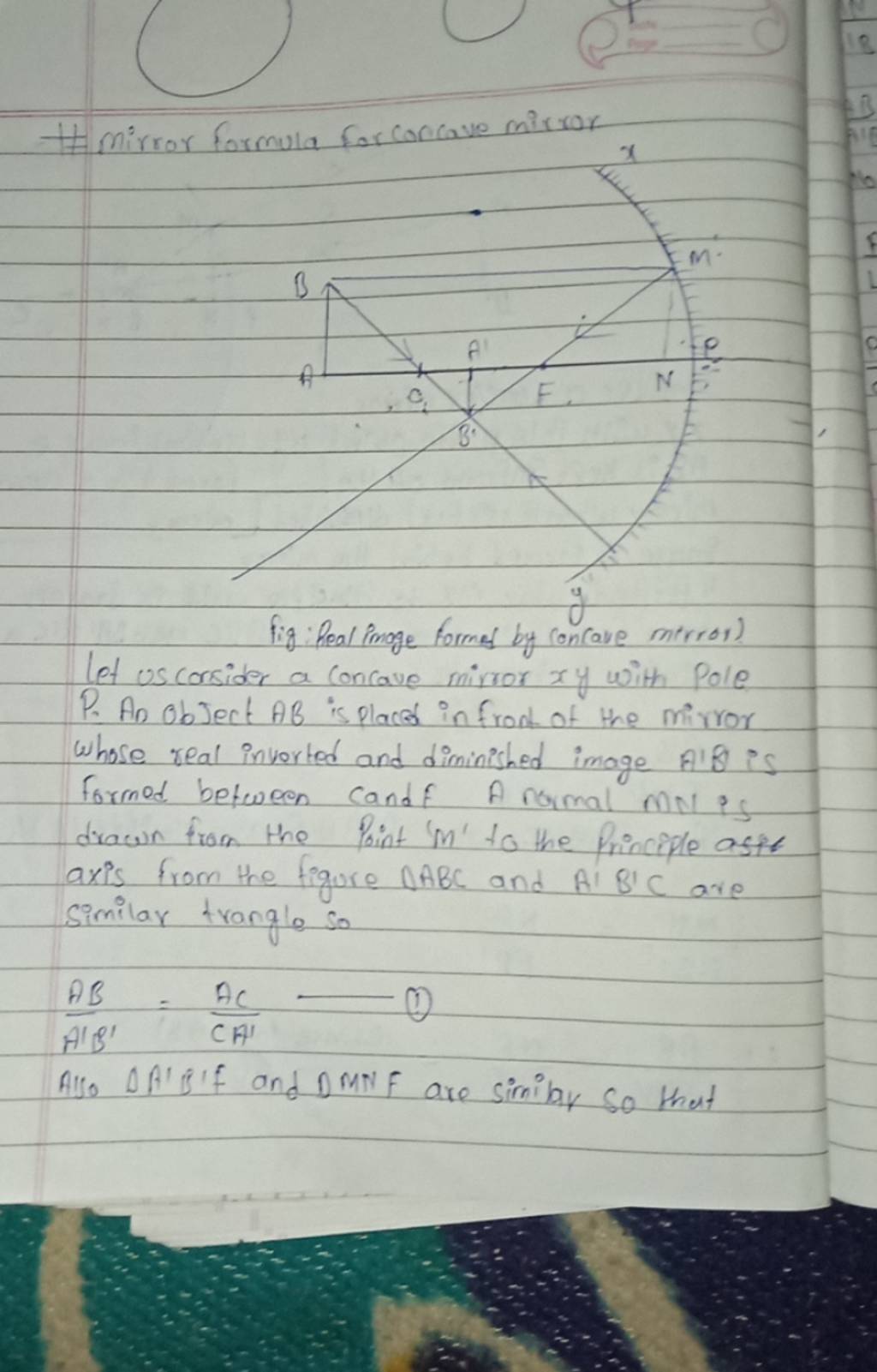 H mirror formula forconcave mirror Let usconsider a concave mirror xy wit..