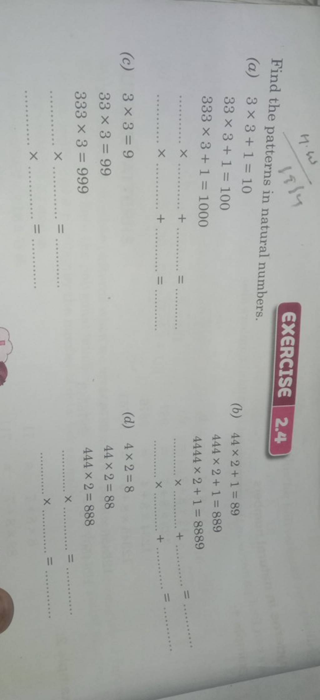 Find the patterns in natural numbers. (a) 3×3+1=1033×3+1=100 (b) 44×2+1=8..