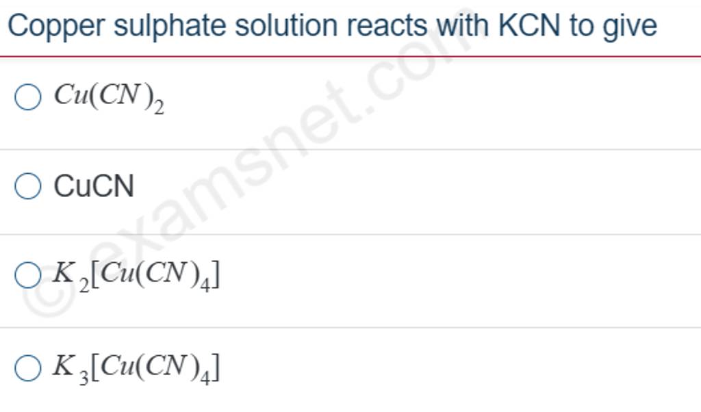 Copper sulphate solution reacts with KCN to give | Filo
