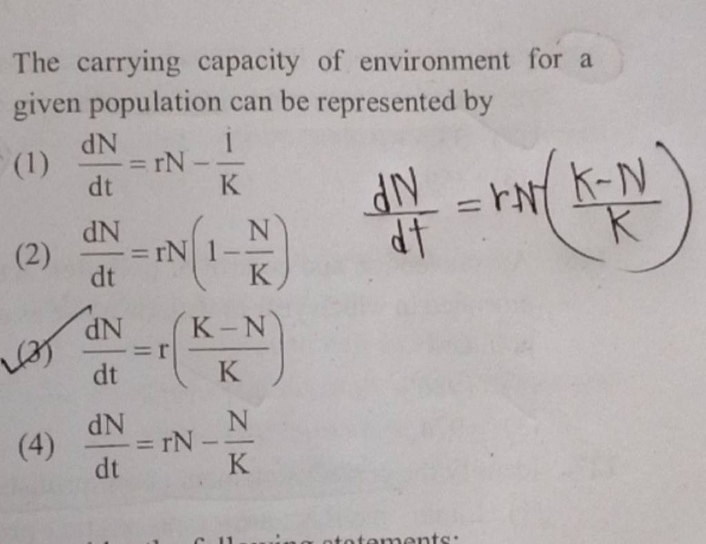 The carrying capacity of environment for a given population can be repres..