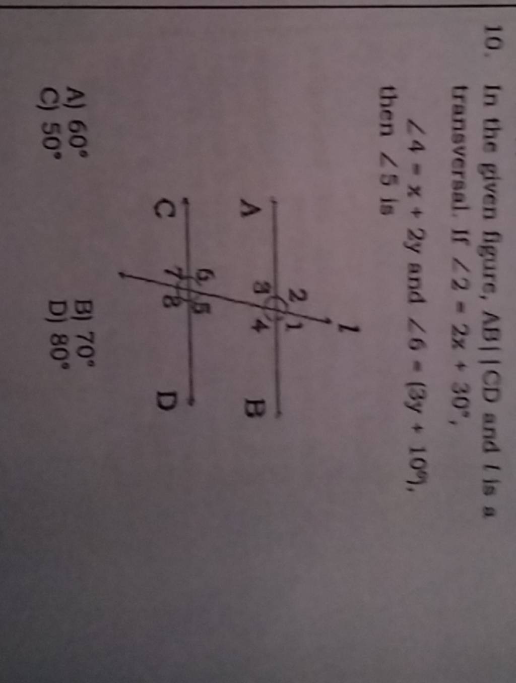 In the given figure, AB∣∣CD and t is a transversal. If ∠2=2x+30∘, ∠4=x+2y..