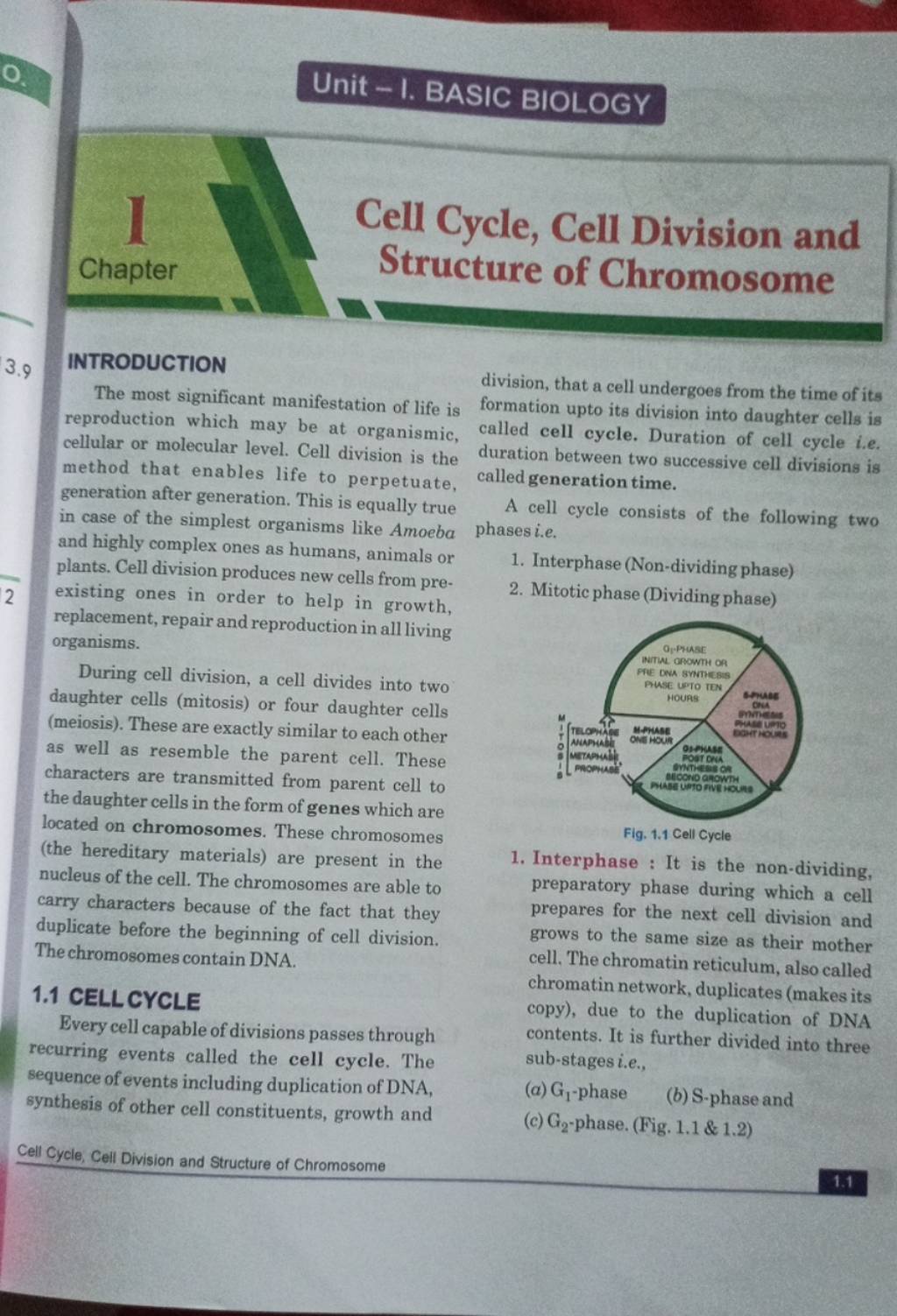 Unit - I. BASIC BIOLOGY Cell Cycle, Cell Division and Chapter Structure o..