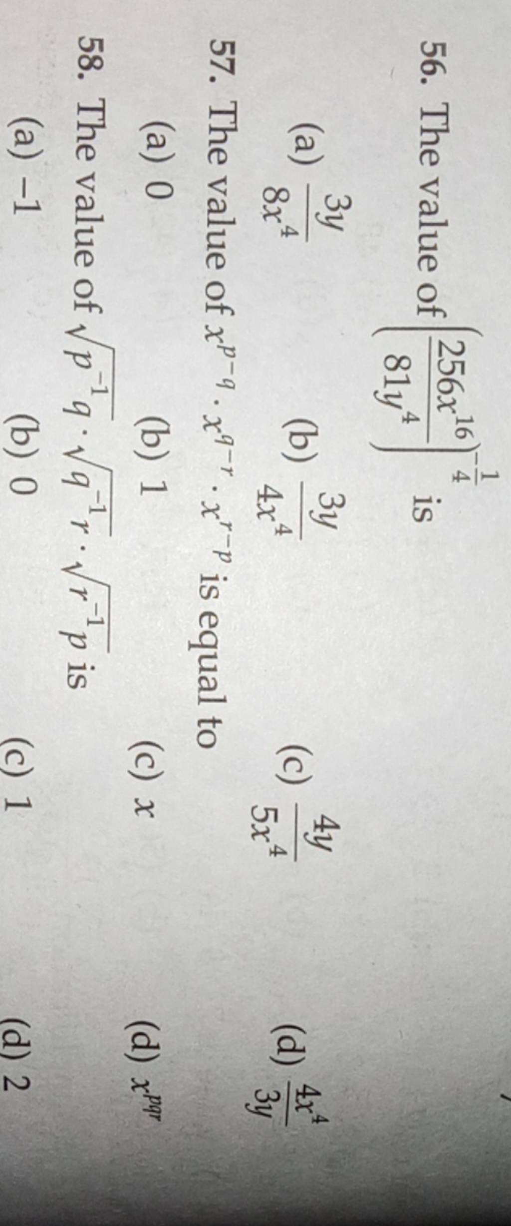 The value of xp−q⋅xq−r⋅xr−p is equal to | Filo