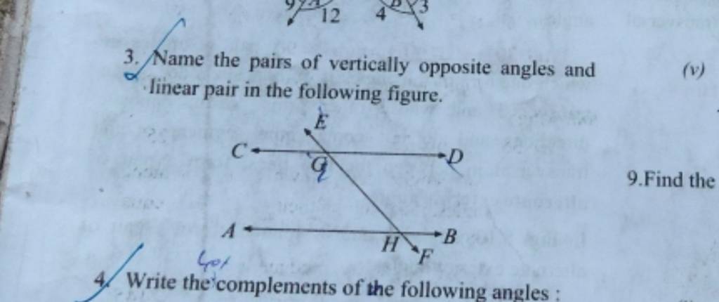 3. Name the pairs of vertically opposite angles and (v) linear pair in th..