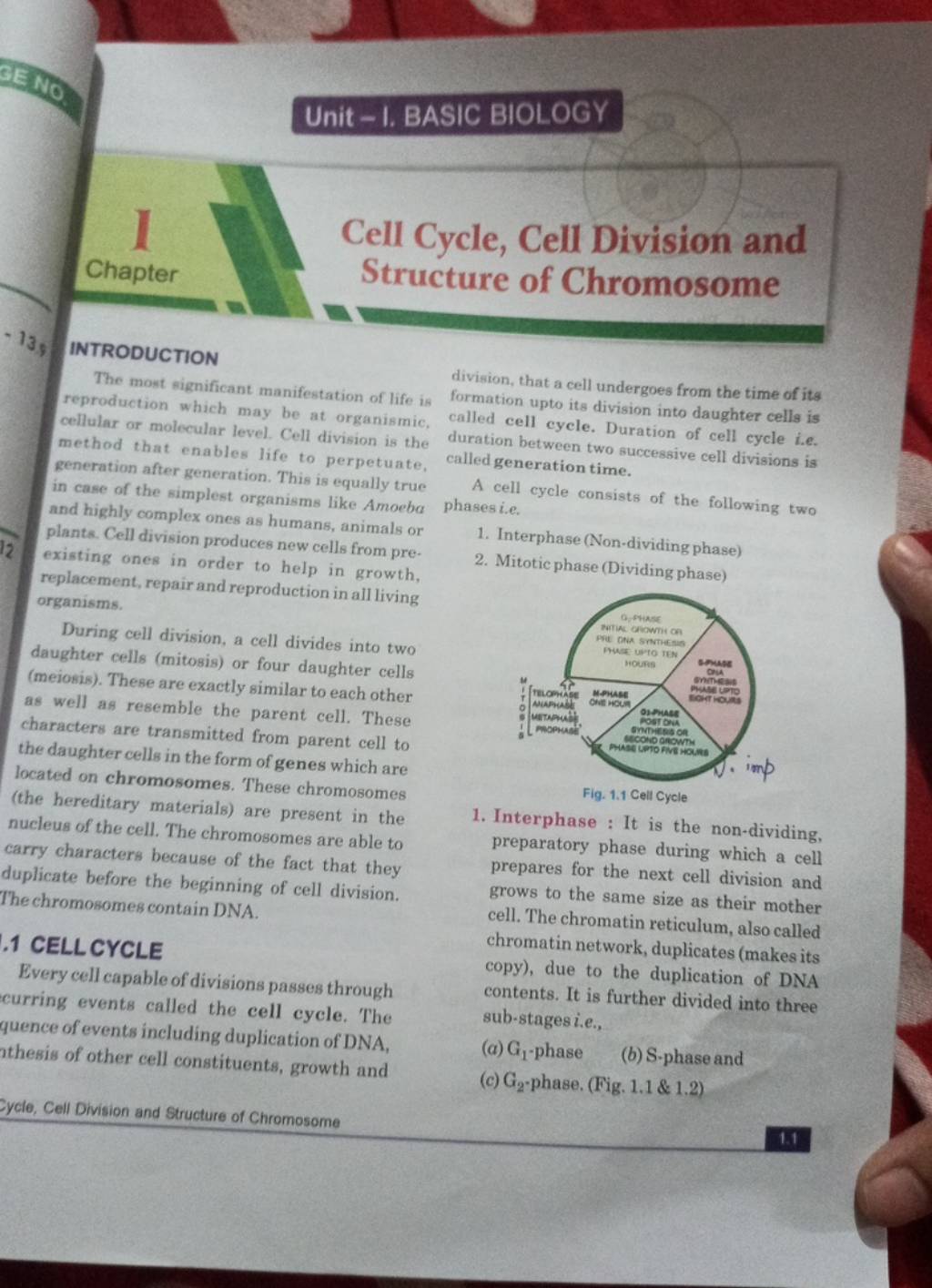 Unit - I. BASIC BIOLOGY Cell Cycle, Cell Division and Structure of Chromo..