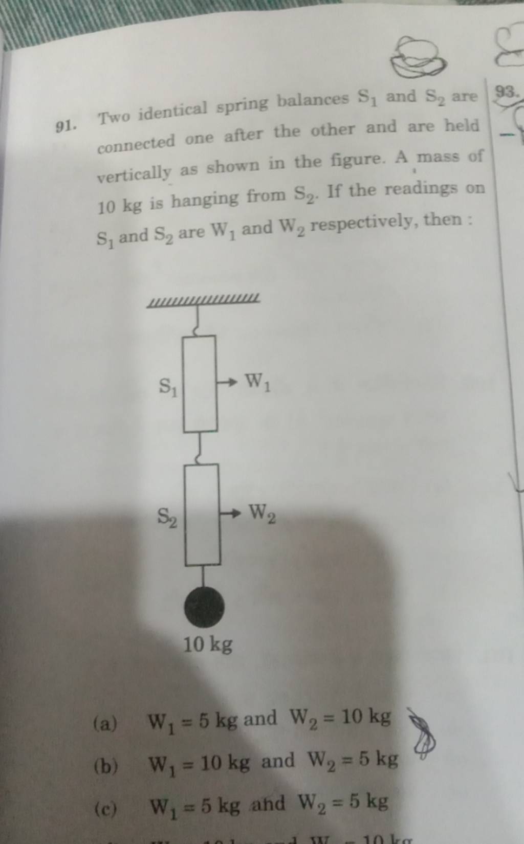 91. Two identical spring balances S1 and S2 are connected one after the..