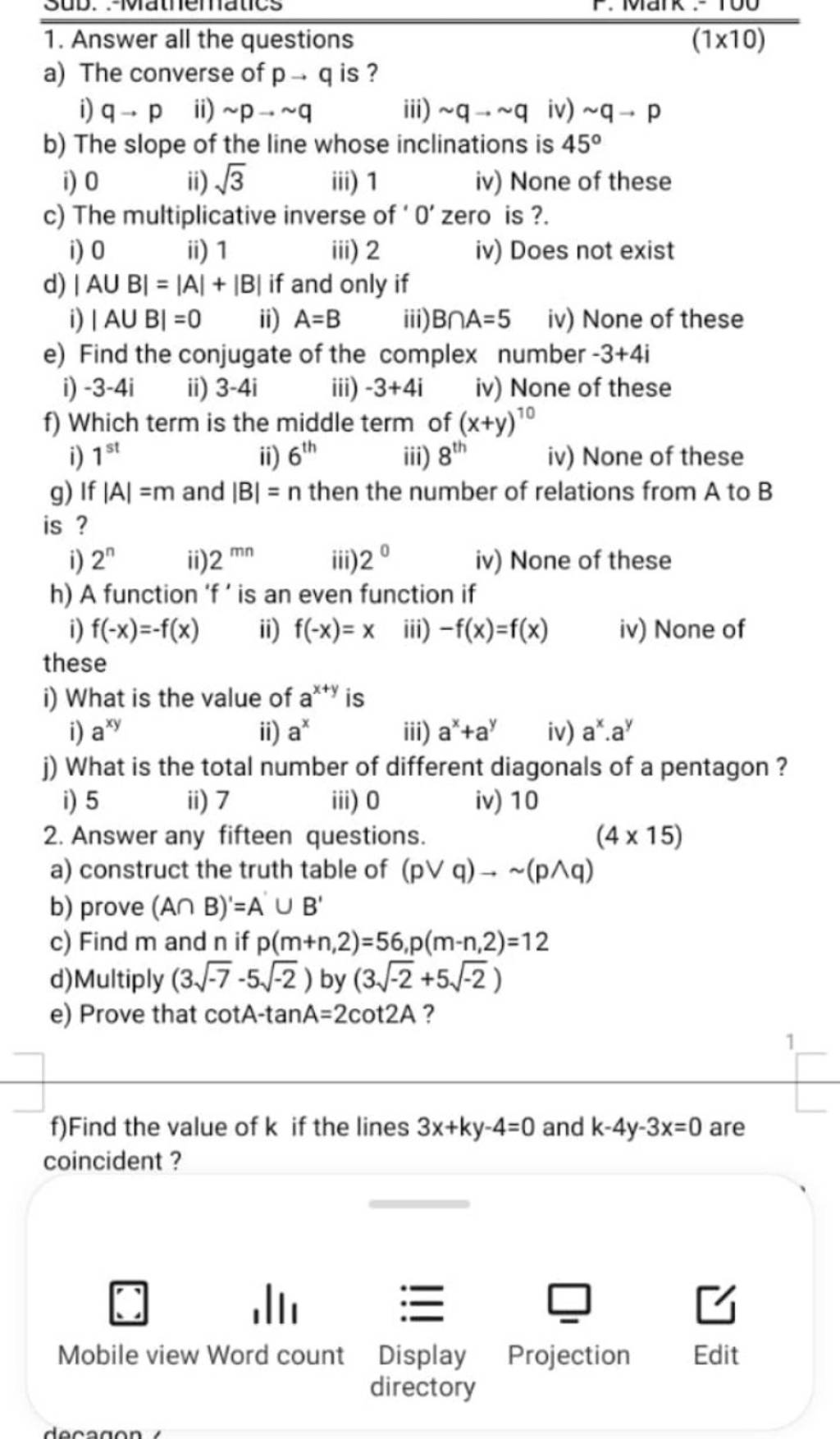 1st ii) 6th iii) 8th iv) None of these g) If ∣A∣=m and ∣B∣=n then the..