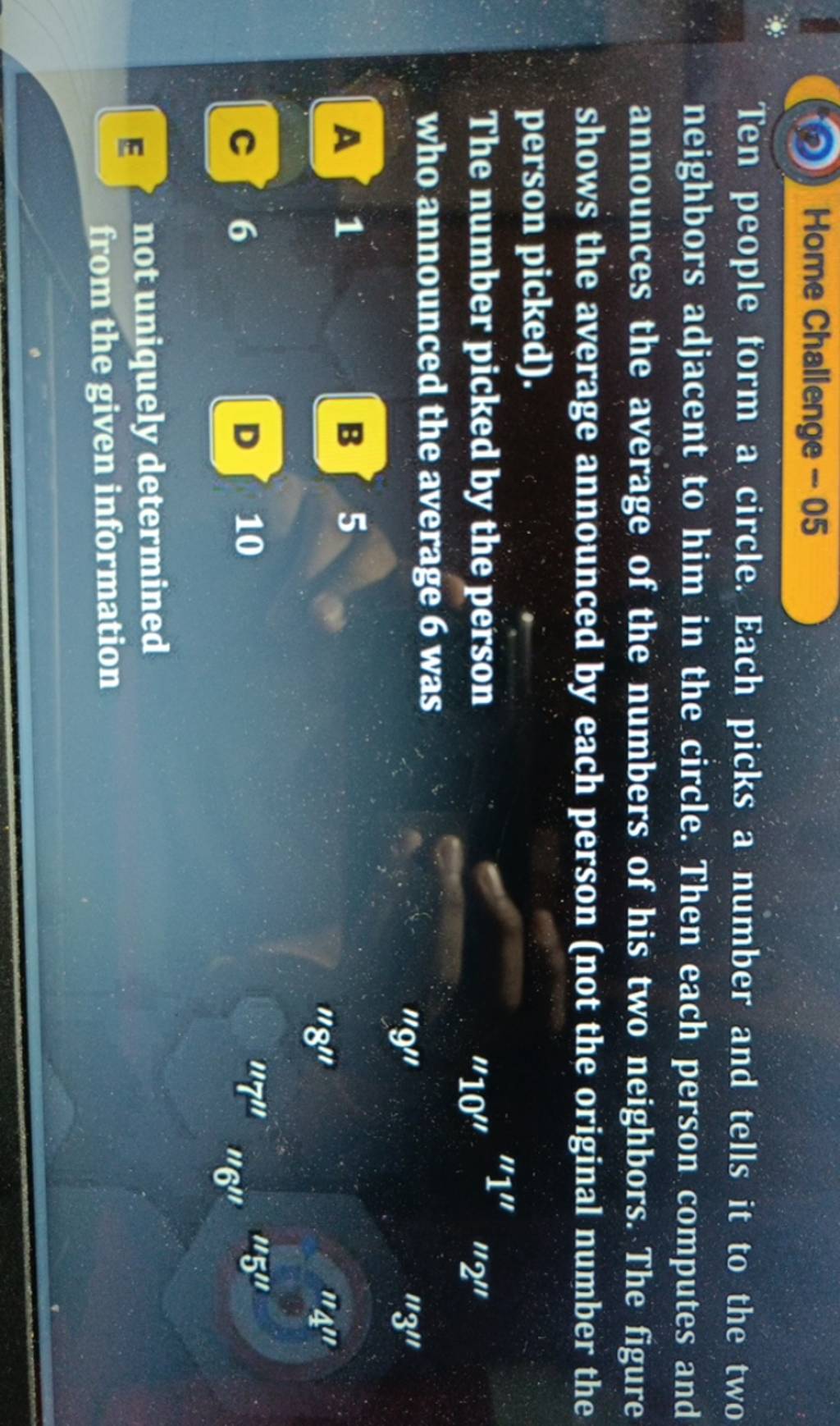 Ten people form a circle. Each picks a number and tells it to the two nei..