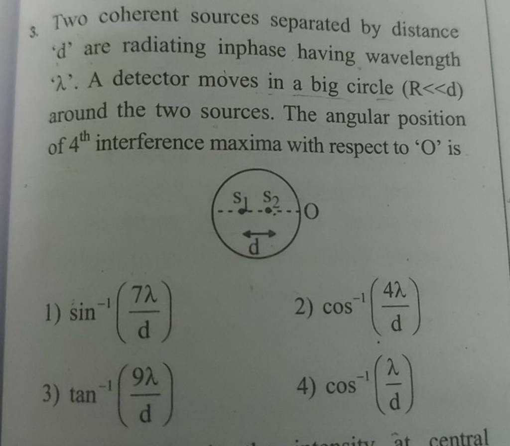 Two coherent sources separated by distance ' d ' are radiating inphase ha..