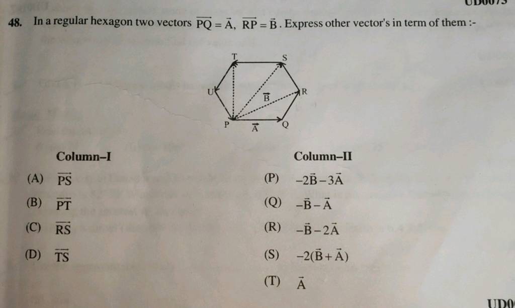 48. In a regular hexagon two vectors PQ =A,RP=B. Express other vector's i..