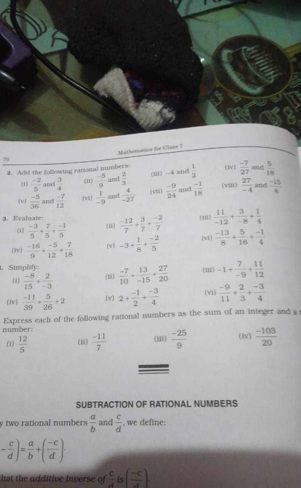 Mathematics for Class 7 70 2. Add the following rational numbers: | Filo