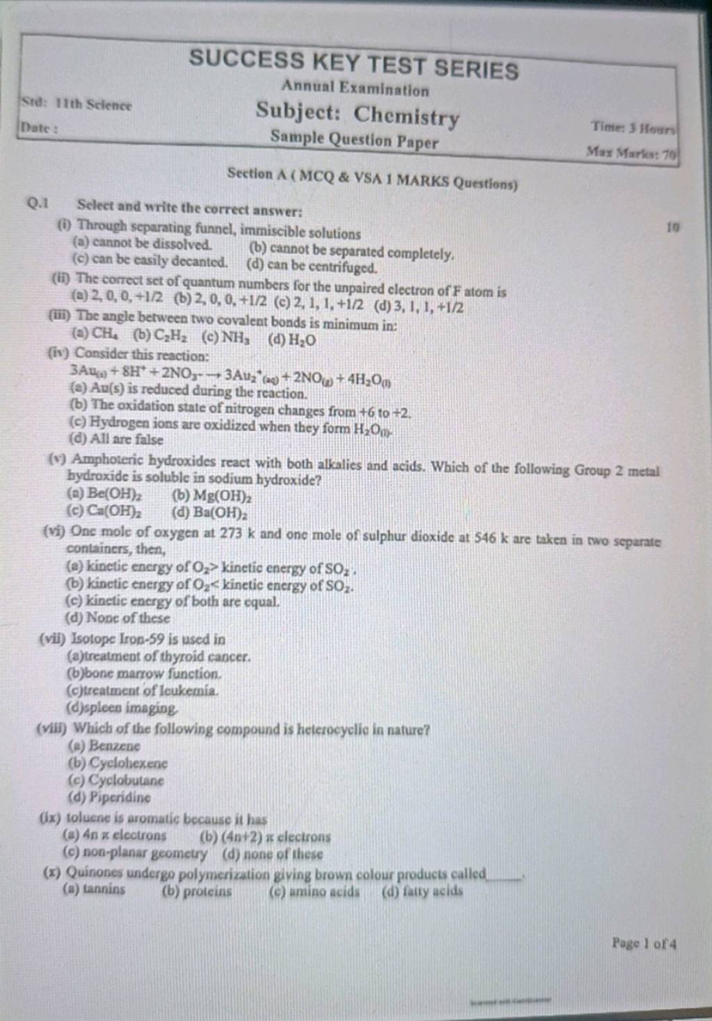 SUCCESS KEY TEST SERIES Annual Examination Srd: 11th Science Date : Subje..