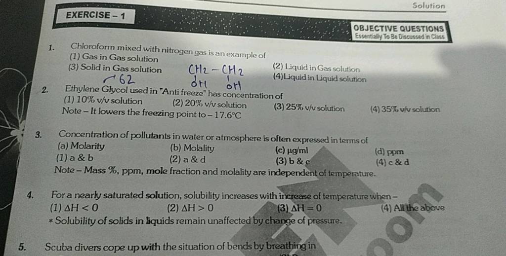 Solution EXERCISE-1 1. Chloroform mixed with nitrogen gas is an example o..