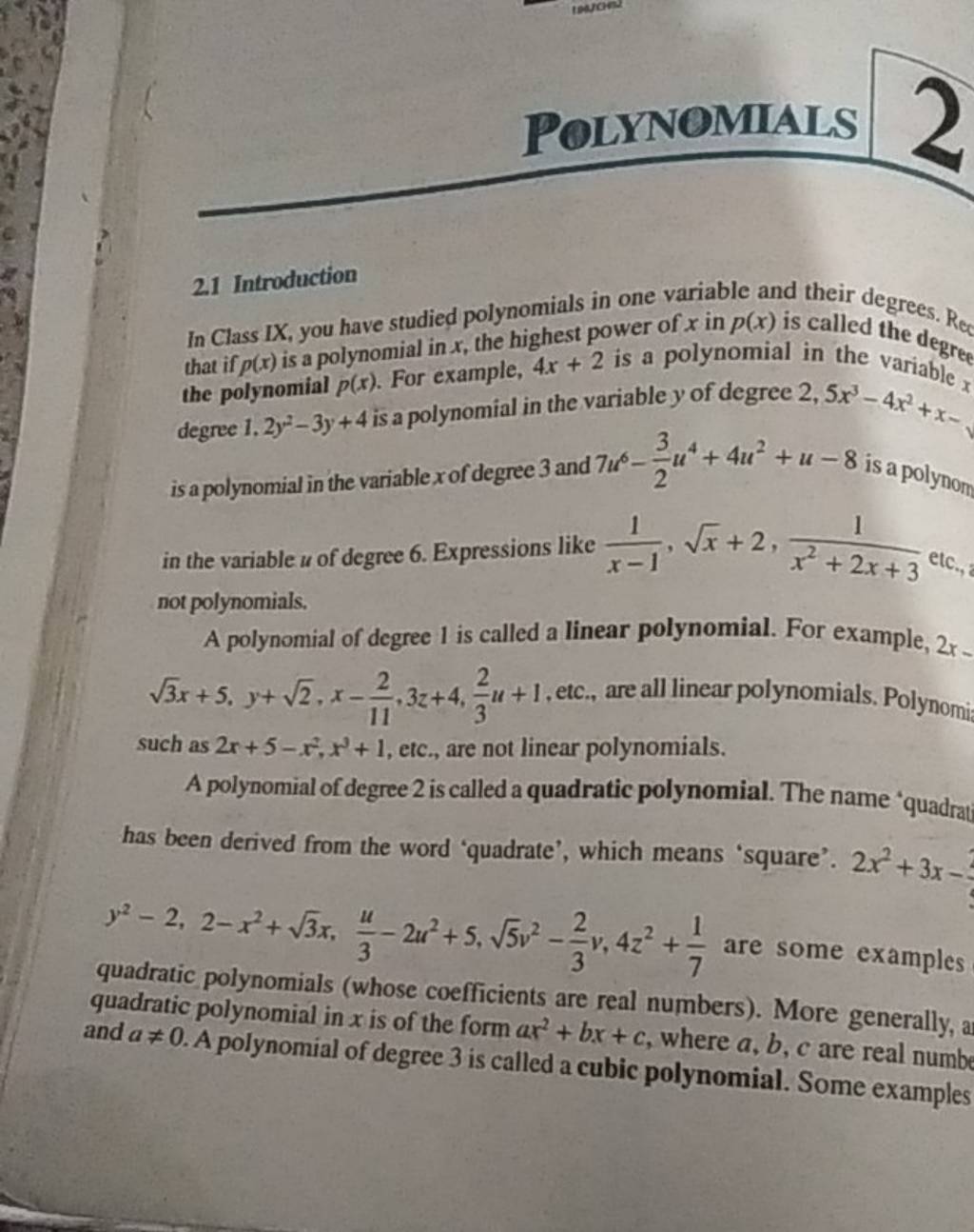 2.1 Introduction that if p(x) is a polynomial in x, the highest power of