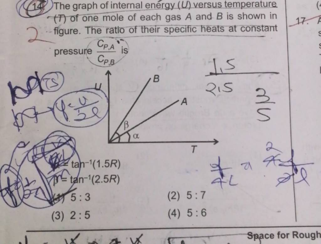 14. The graph of internal enérgy (U) versus temperature (T) of one mole o..