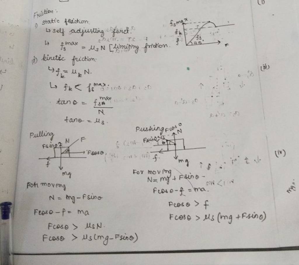 Frition: 1) Static filiction (i) kinetic friction: φfk =μk N. (ii) →fk..