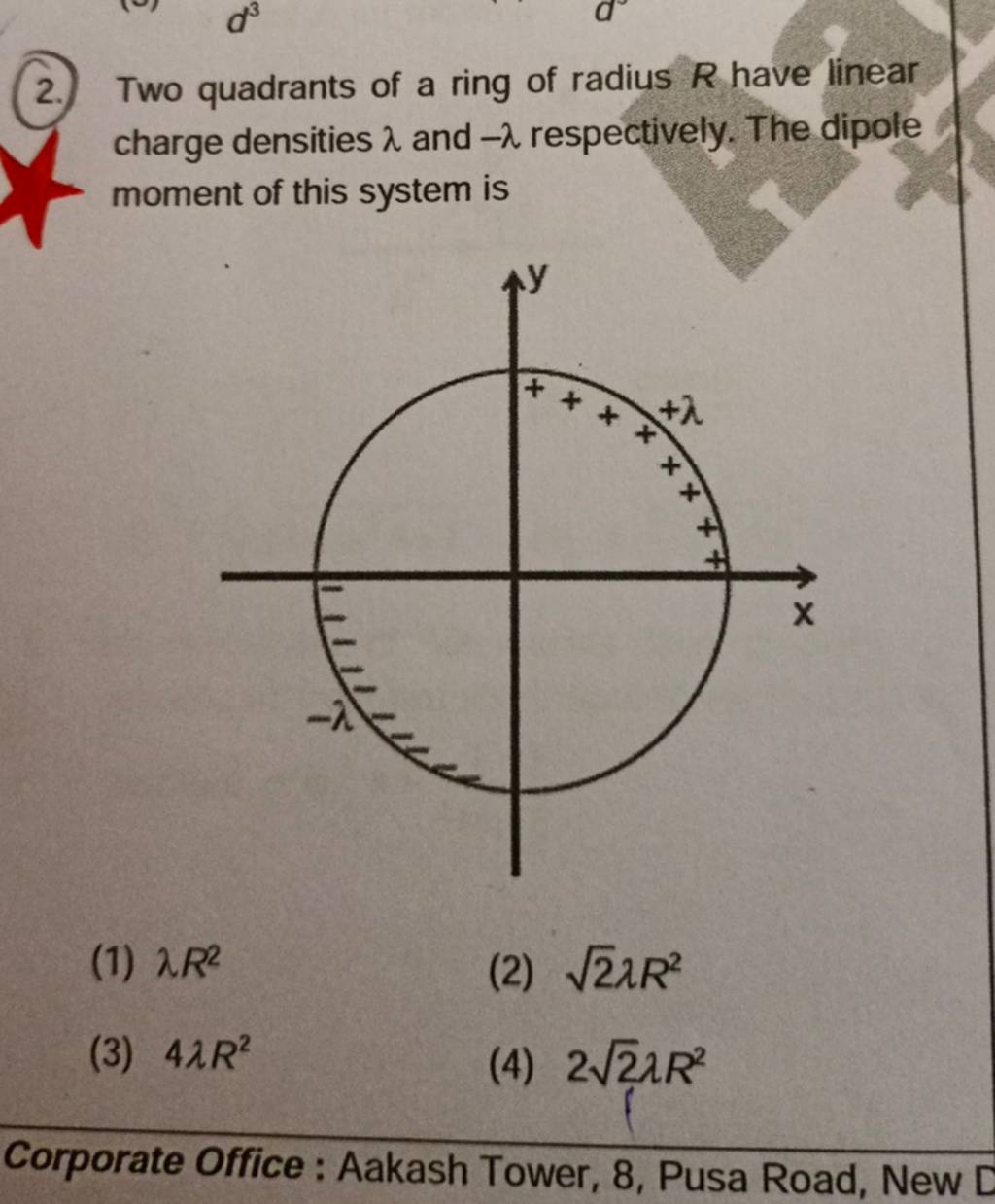 Two quadrants of a ring of radius R have linear charge densities λ and −λ..