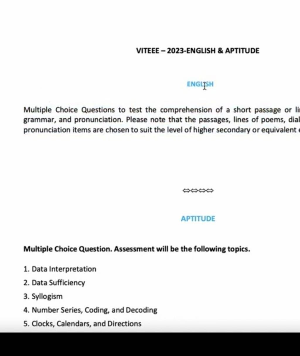 VITEEE - 2023-ENGLISH \& APTITUDE ENGLYSH Multiple Choice Questions to te..